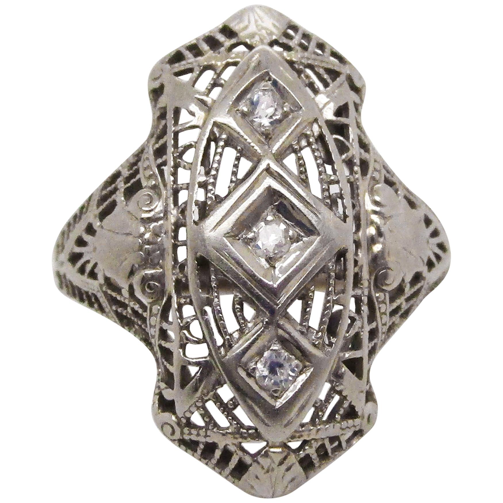 1925 Art Deco 18 Karat White Gold Filigree Diamond Right Hand Ring For ...