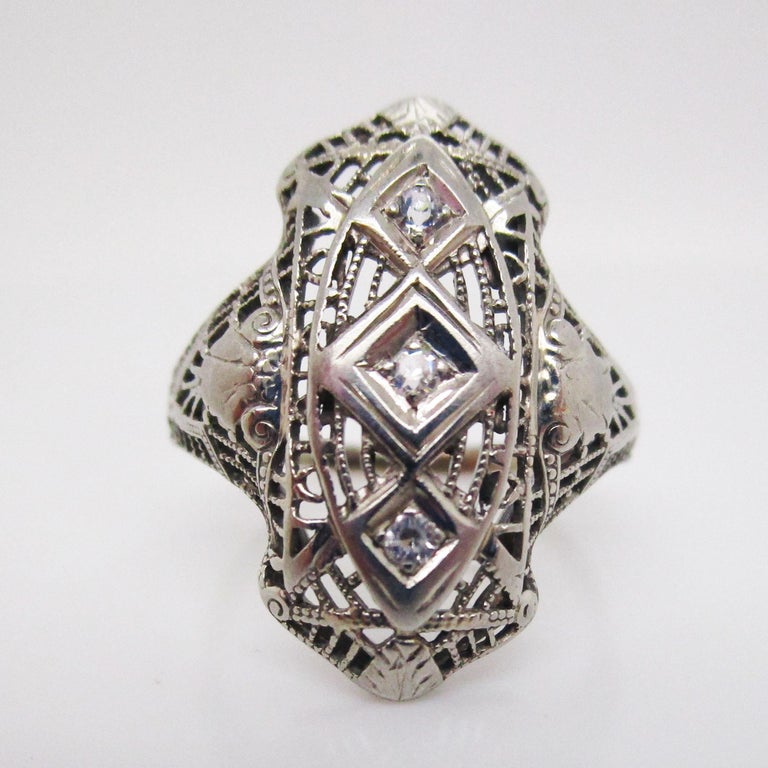 1925 Art Deco 18 Karat White Gold Filigree Diamond Right Hand Ring For ...