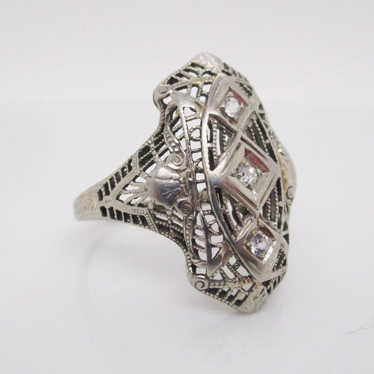 1925 Art Deco 18 Karat White Gold Filigree Diamond Right Hand Ring For ...
