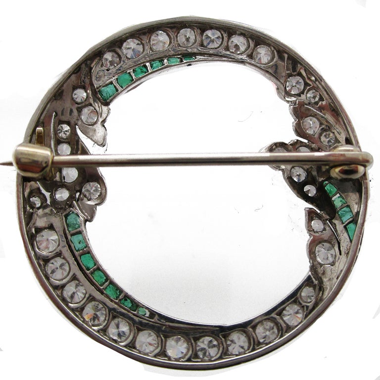 1925 Art Deco Platinum Emerald Diamond Circle Pin For Sale at 1stDibs