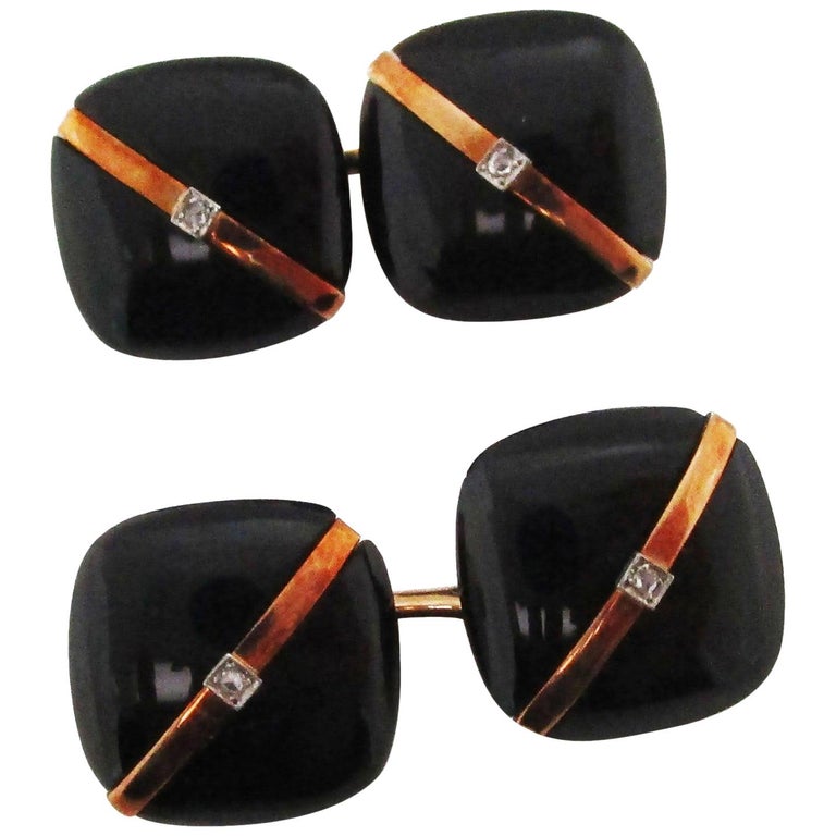 1925 Art Deco Rose Cut Diamonds Onyx 14 Karat Rose Gold Cufflinks For ...