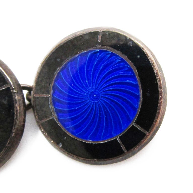 1925 Sterling Silver Art Deco Royal Blue Enamel Cufflinks at 1stDibs