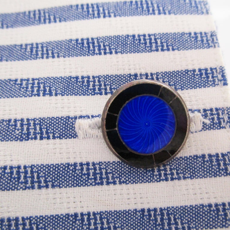 1925 Sterling Silver Art Deco Royal Blue Enamel Cufflinks at 1stDibs