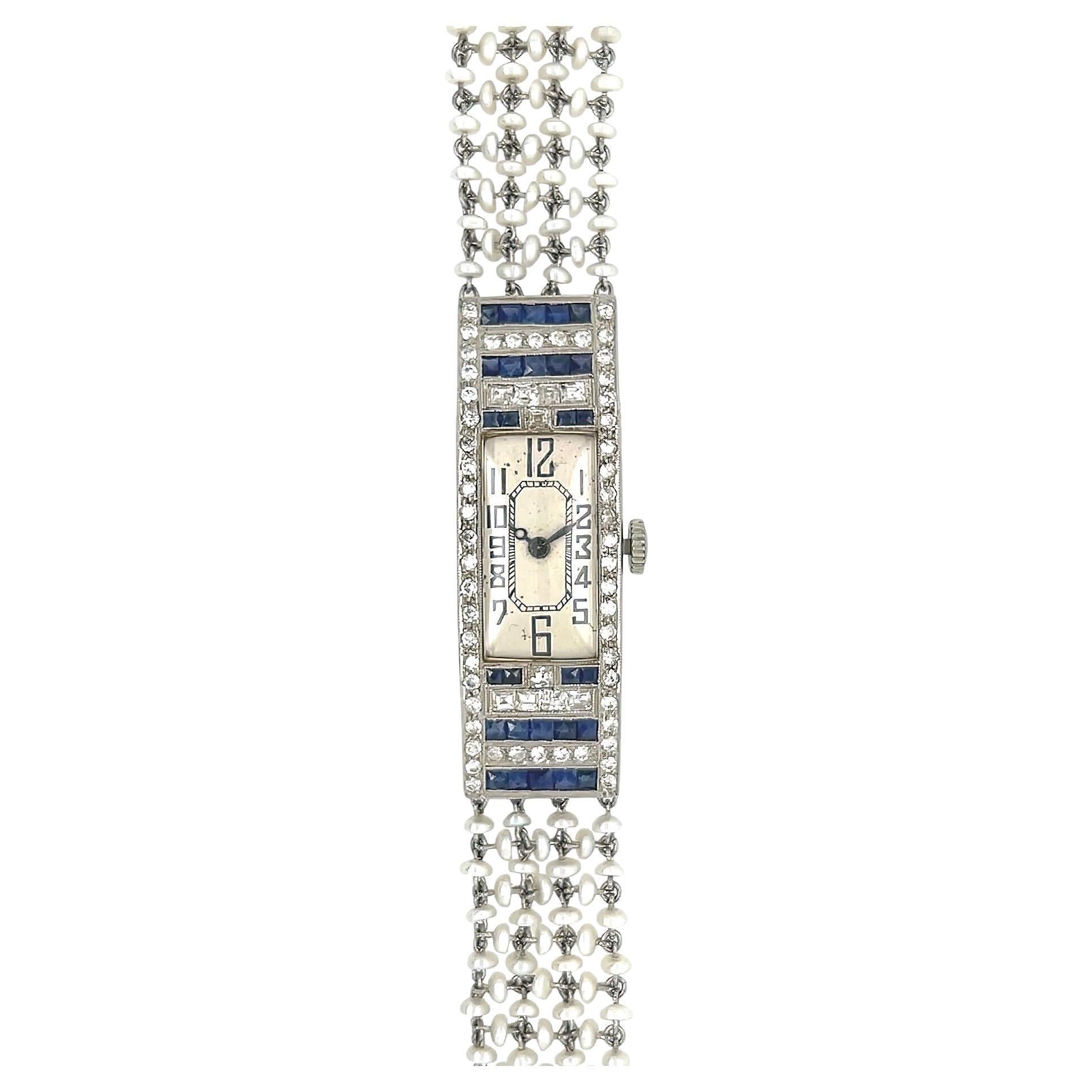 1925 Pearl Sapphire Diamond Platinum Watch at 1stDibs