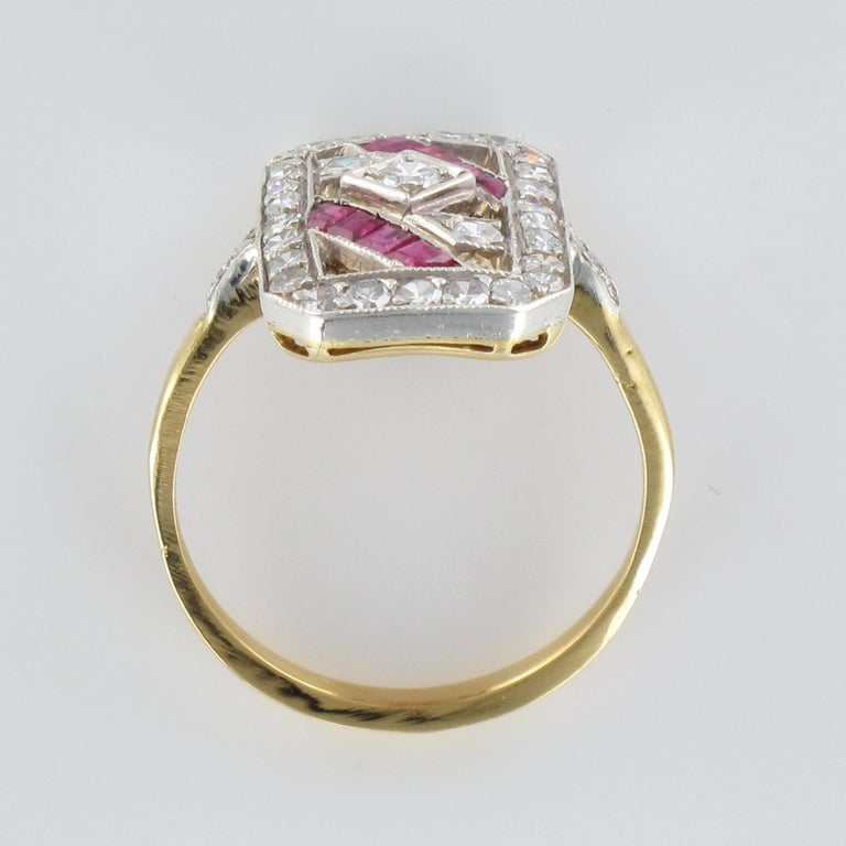 1925s French Art Deco 18 Karat Yellow Gold Ruby Diamond Rectangular Ring at 1stDibs