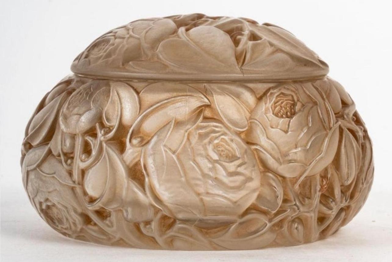 1927 René Lalique Box Dinard Frosted Glass with Sepia Patina, Roses ...