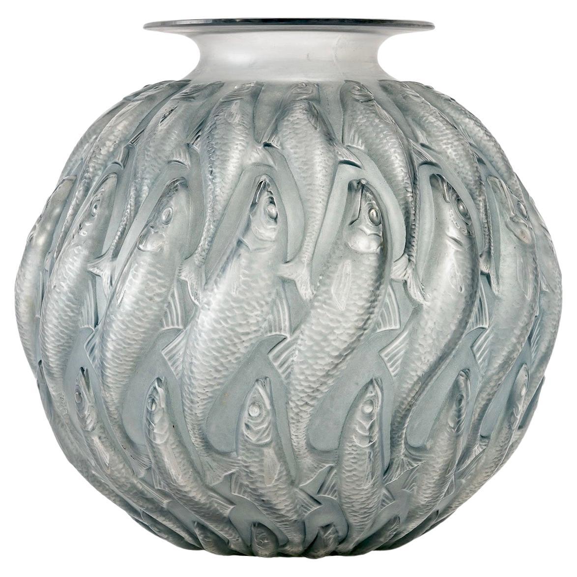 1929 René Lalique, Pair of Vases Milan Frosted Glass with Blue Patina ...