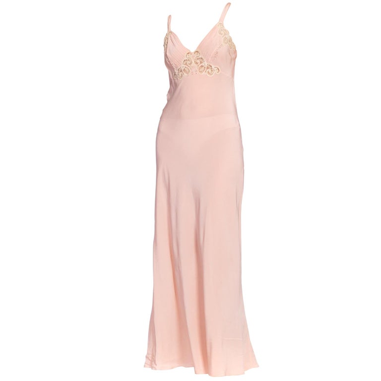 1930-1950's Style Silk Negligee Slip Dress Night Gown With Lace at ...