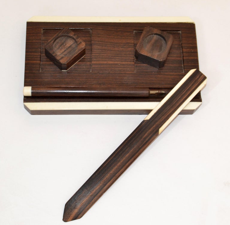 1930 Art Deco Macassar Wood and Bone Detail Handmade 5 Piece Desk Ink ...