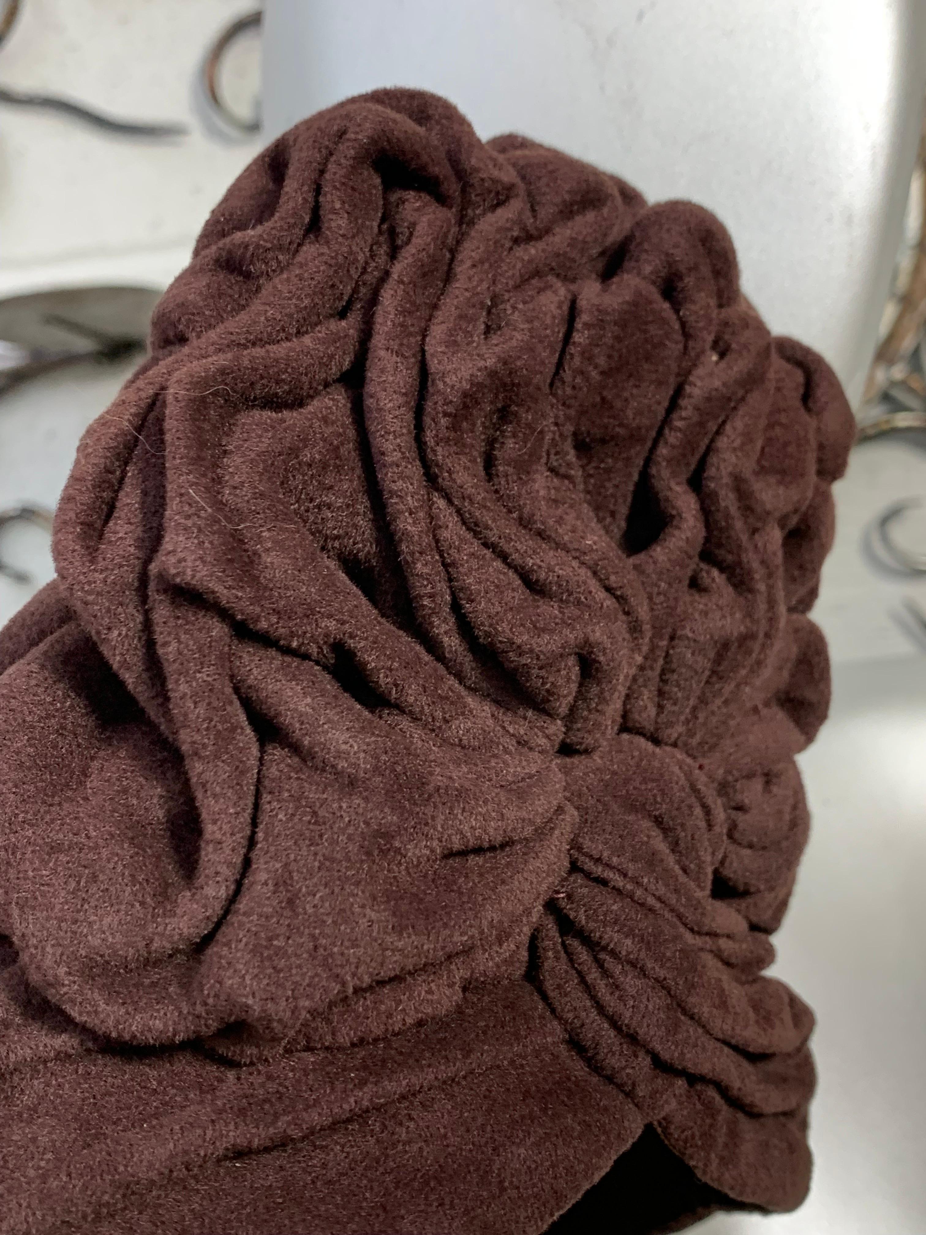 1930 Chocolate Brown Velvet Ruched Crown Peaked Turban at 1stDibs