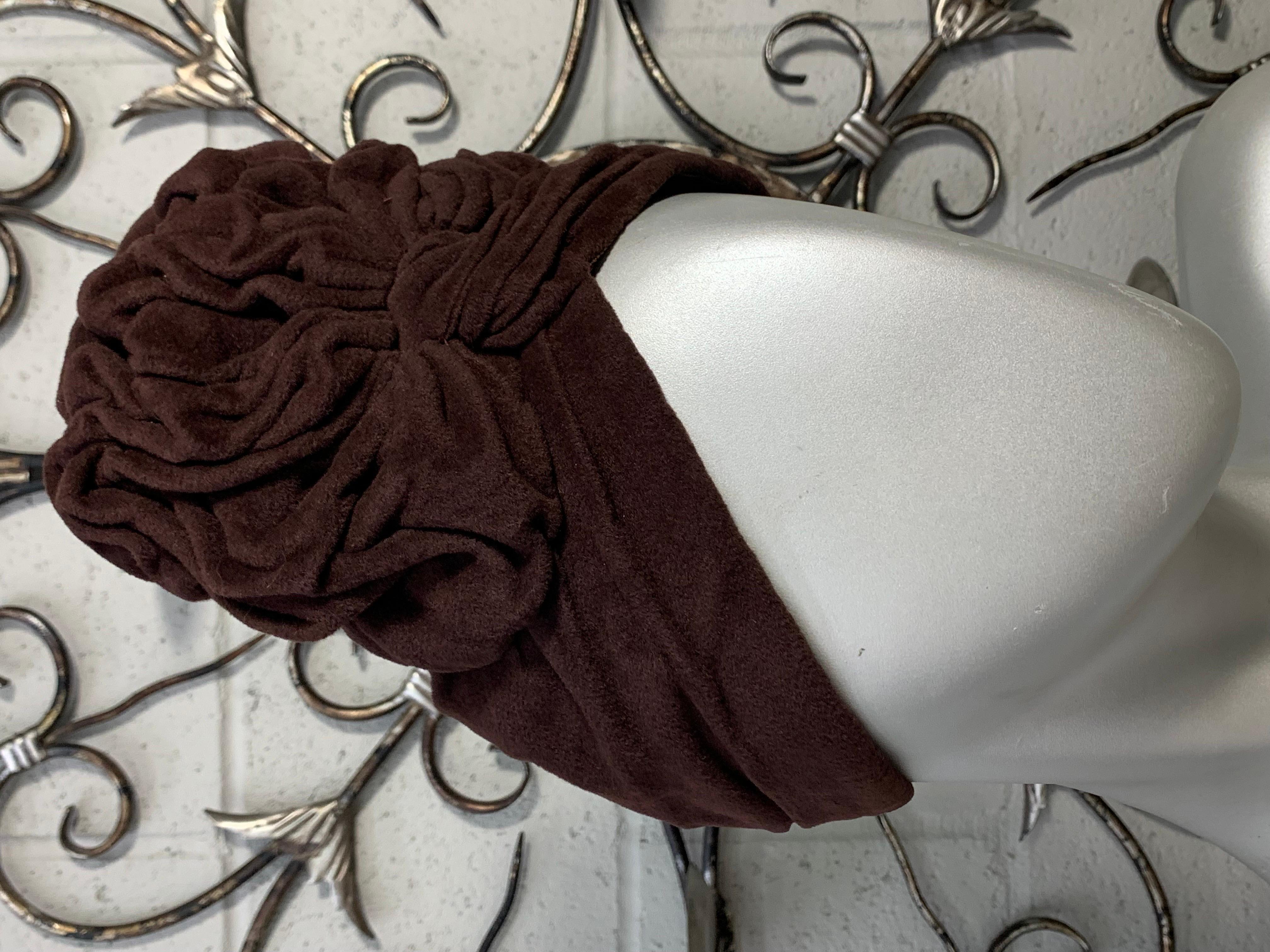 1930 Chocolate Brown Velvet Ruched Crown Peaked Turban at 1stDibs
