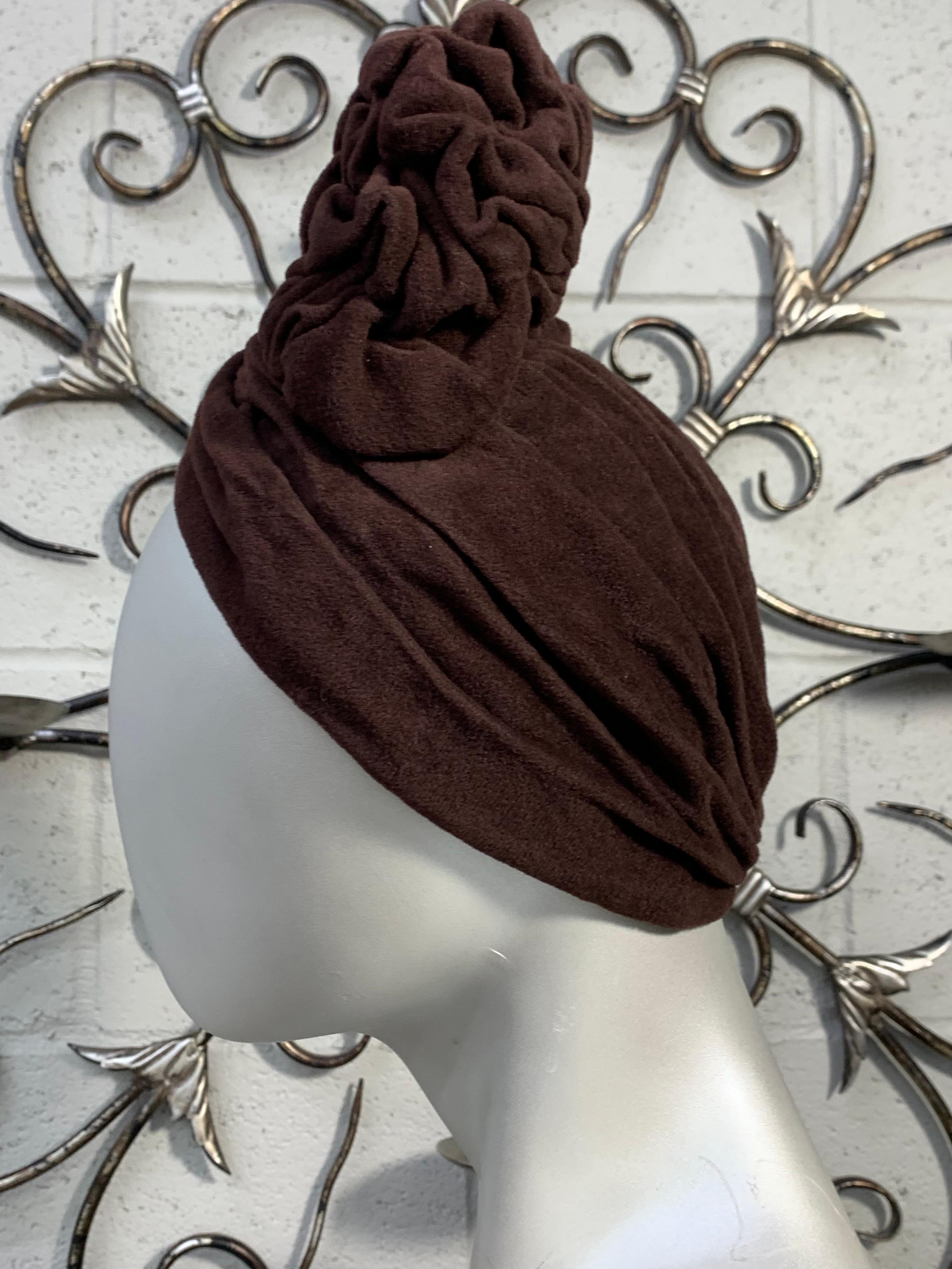 1930 Chocolate Brown Velvet Ruched Crown Peaked Turban at 1stDibs