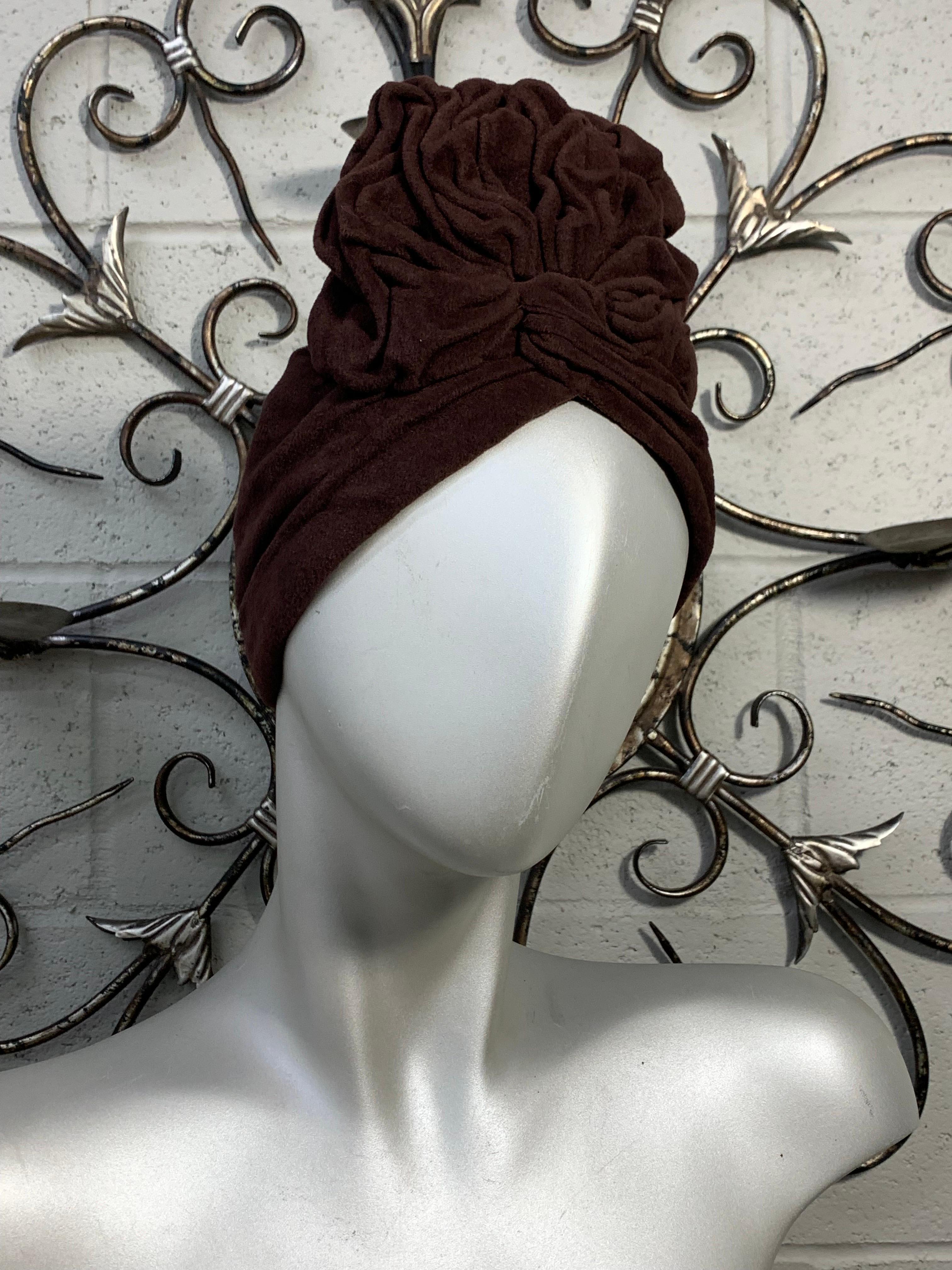 1930 Chocolate Brown Velvet Ruched Crown Peaked Turban at 1stDibs