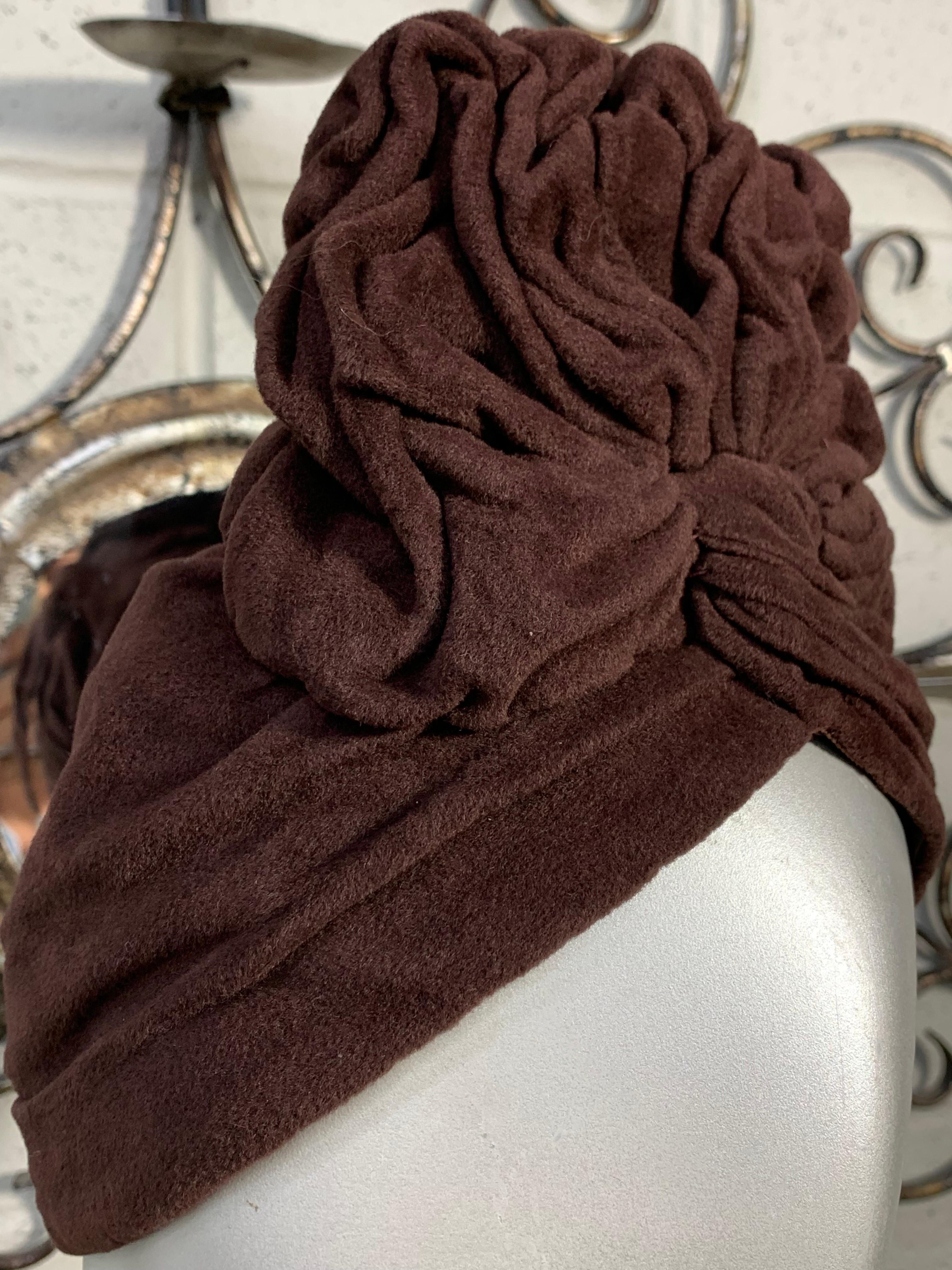 1930 Chocolate Brown Velvet Ruched Crown Peaked Turban at 1stDibs
