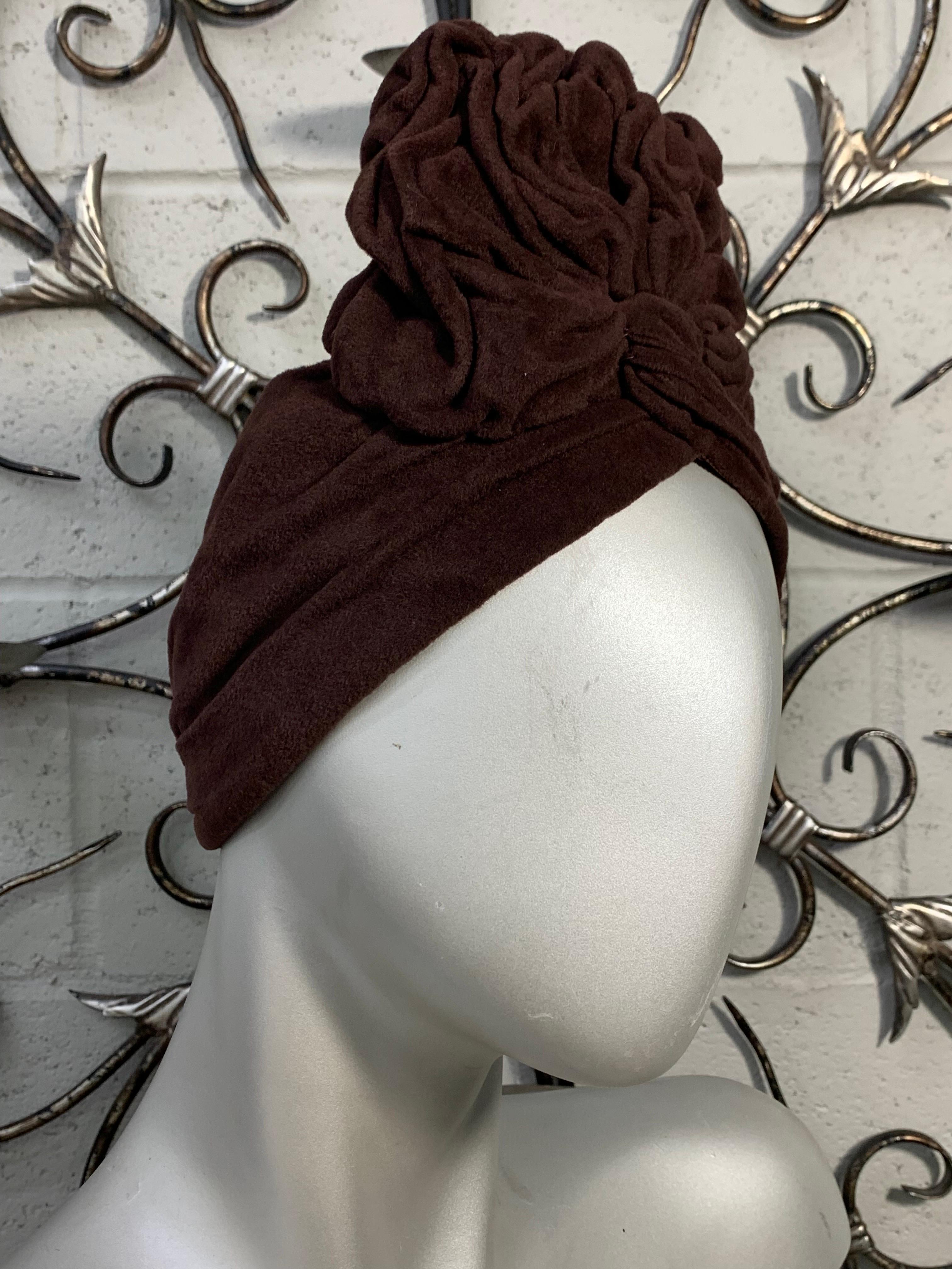 1930 Chocolate Brown Velvet Ruched Crown Peaked Turban at 1stDibs
