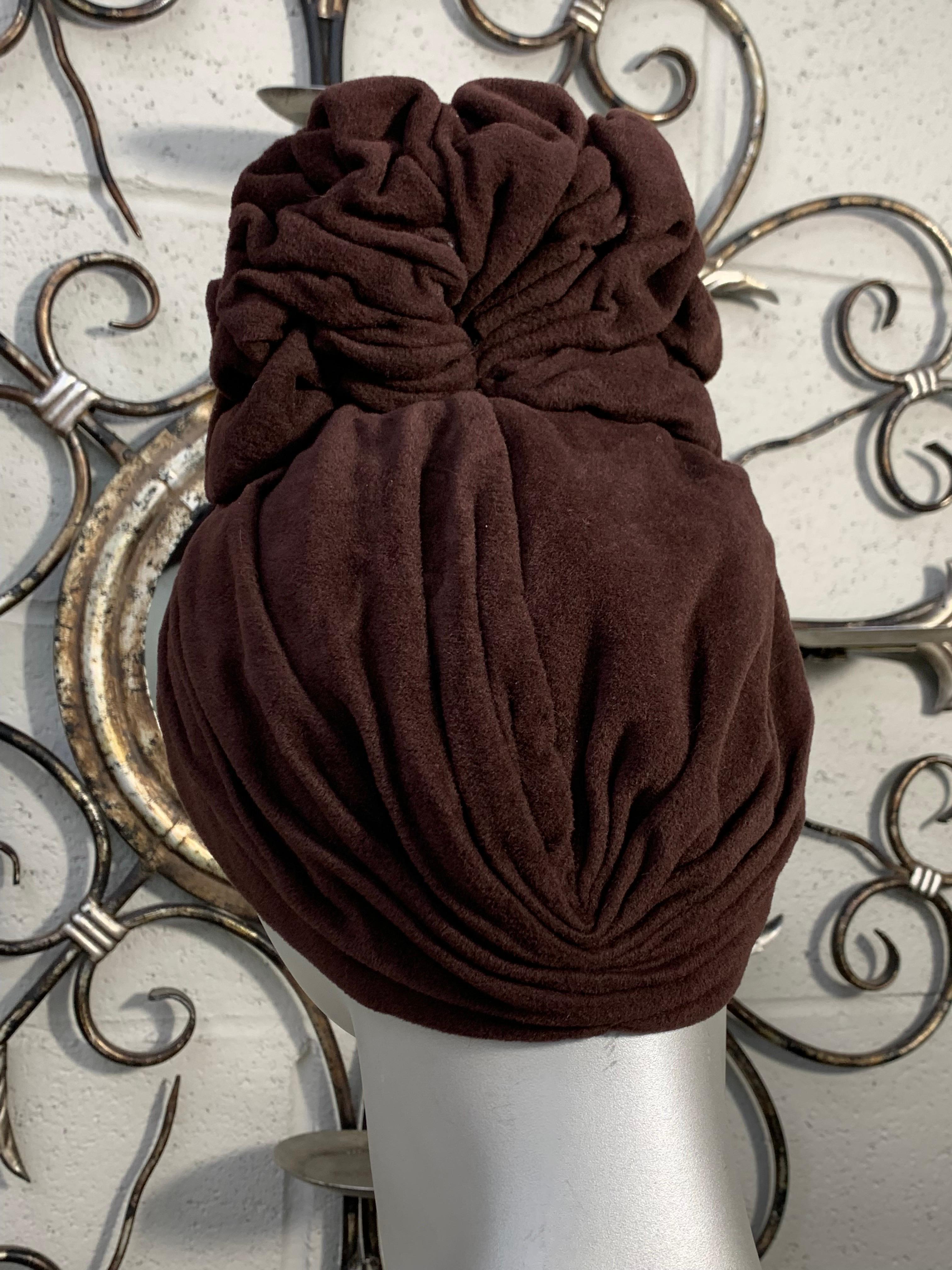 1930 Chocolate Brown Velvet Ruched Crown Peaked Turban at 1stDibs