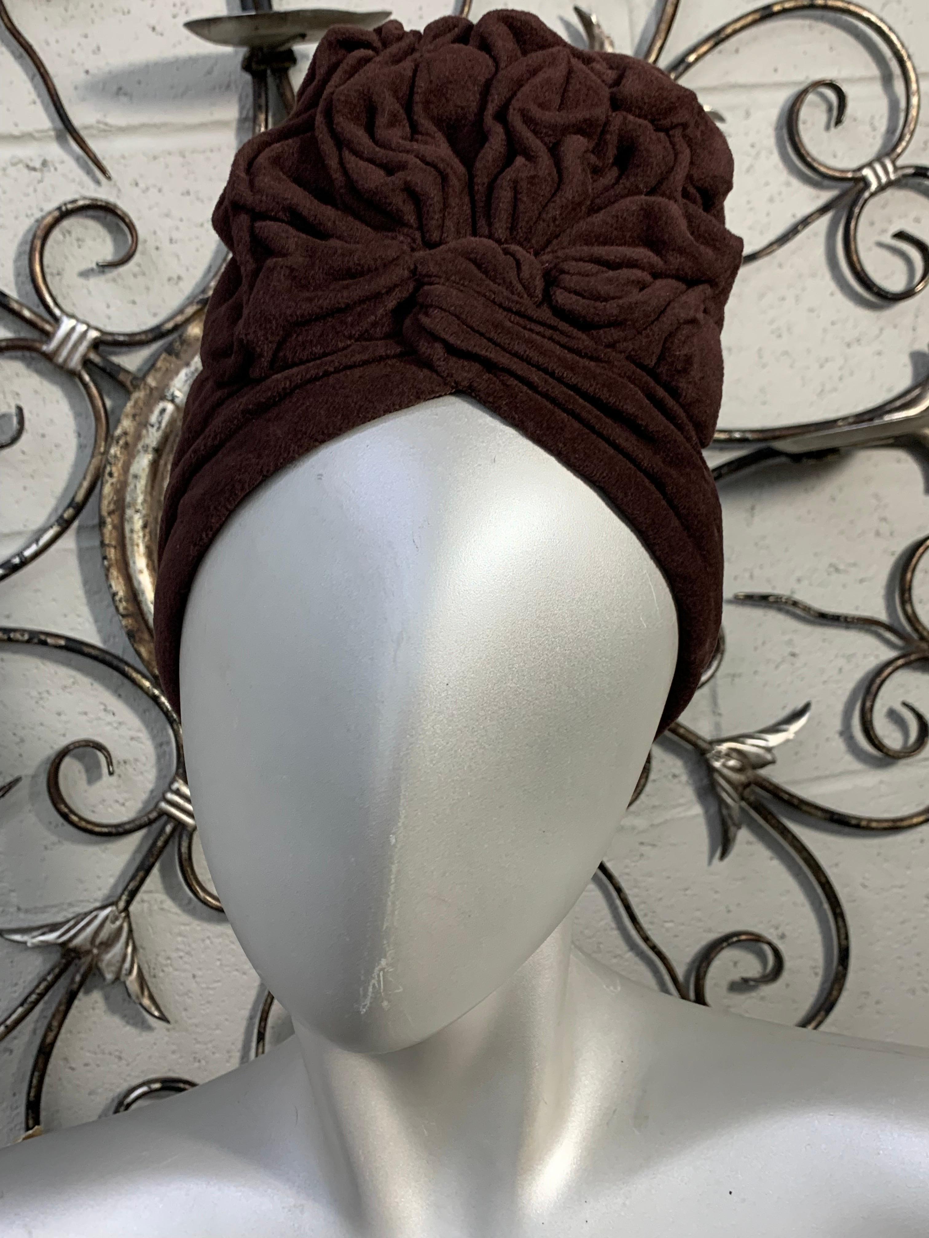 1930 Chocolate Brown Velvet Ruched Crown Peaked Turban at 1stDibs