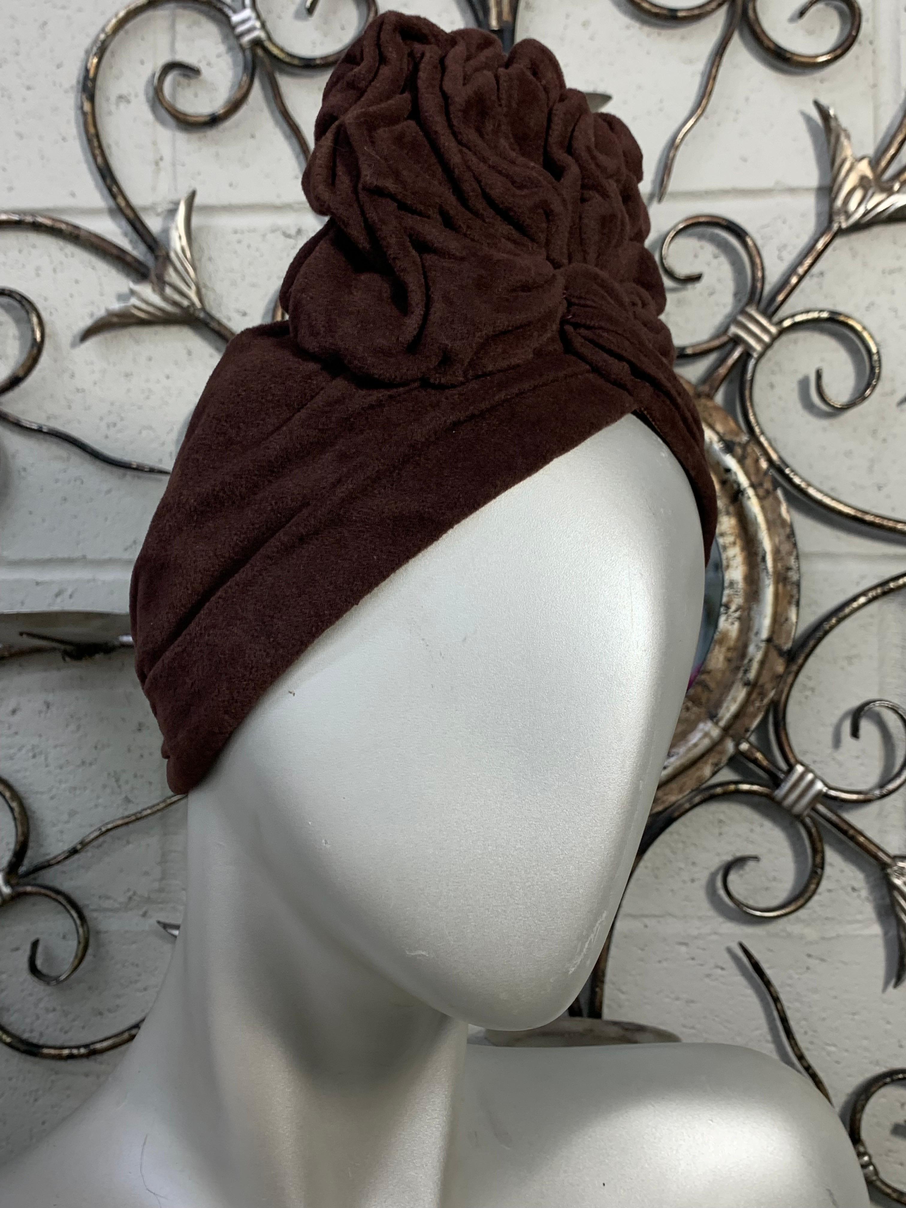 1930 Chocolate Brown Velvet Ruched Crown Peaked Turban at 1stDibs