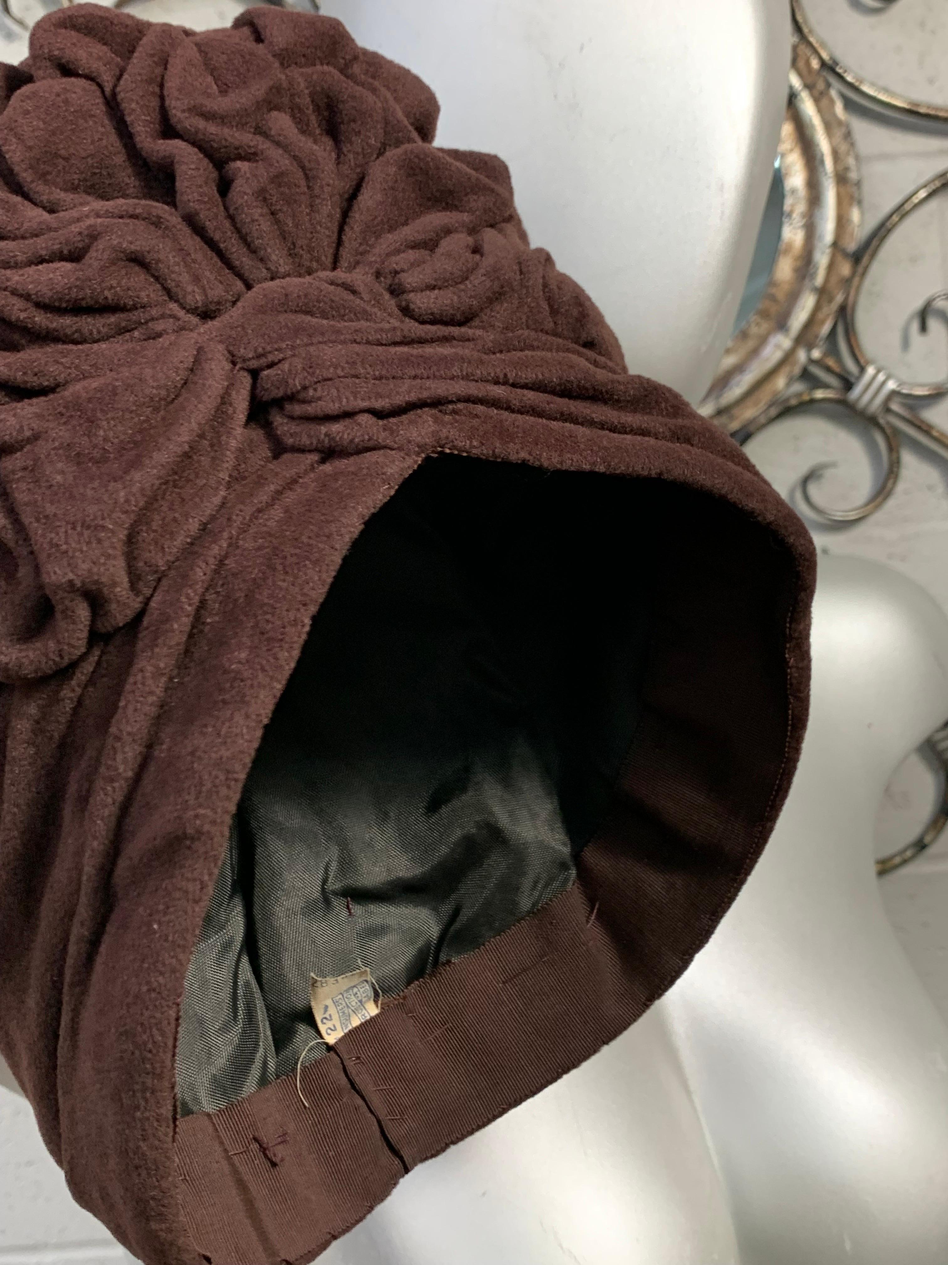1930 Chocolate Brown Velvet Ruched Crown Peaked Turban at 1stDibs