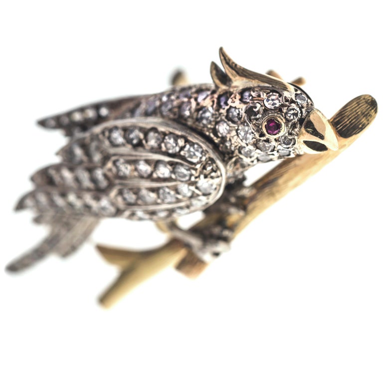 Vintage Retro 1930 Cockatoo Bird Ruby Diamond Platinum Gold Brooch For ...