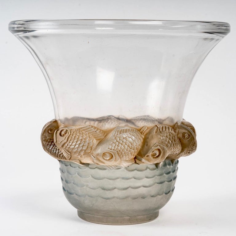 1930 René Lalique Piriac Vase in Clear and Frosted Glass with Blue and ...