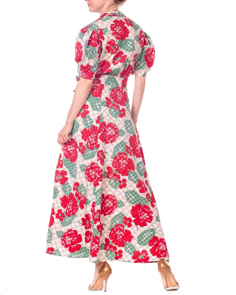 1940S Cotton Red And Green Floral Print Wrap Dress House Robe at ...