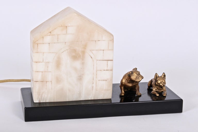 Alabaster and Slate Dog House Lamp with Bronze Bull Dogs, 1930's at 1stDibs