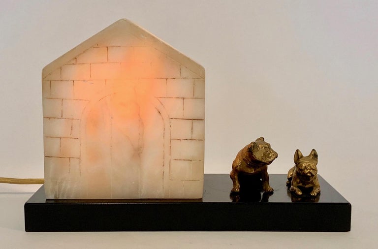 Alabaster and Slate Dog House Lamp with Bronze Bull Dogs, 1930's at 1stDibs