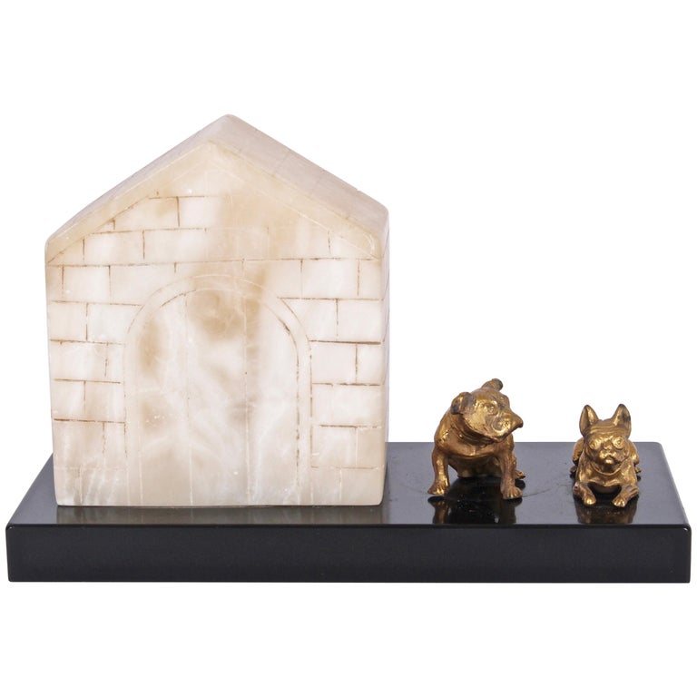 Alabaster and Slate Dog House Lamp with Bronze Bull Dogs, 1930's at 1stDibs