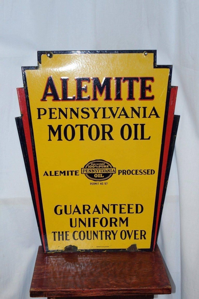 1930s Alemite Pennsylvania Motor Oil Double Sided Porcelain Art Deco ...