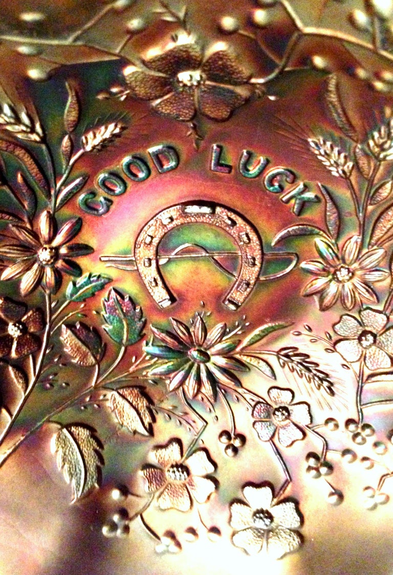 1930'S American Blown Art Glass "Good Luck" Ruffle Bowl By, Northwood ...