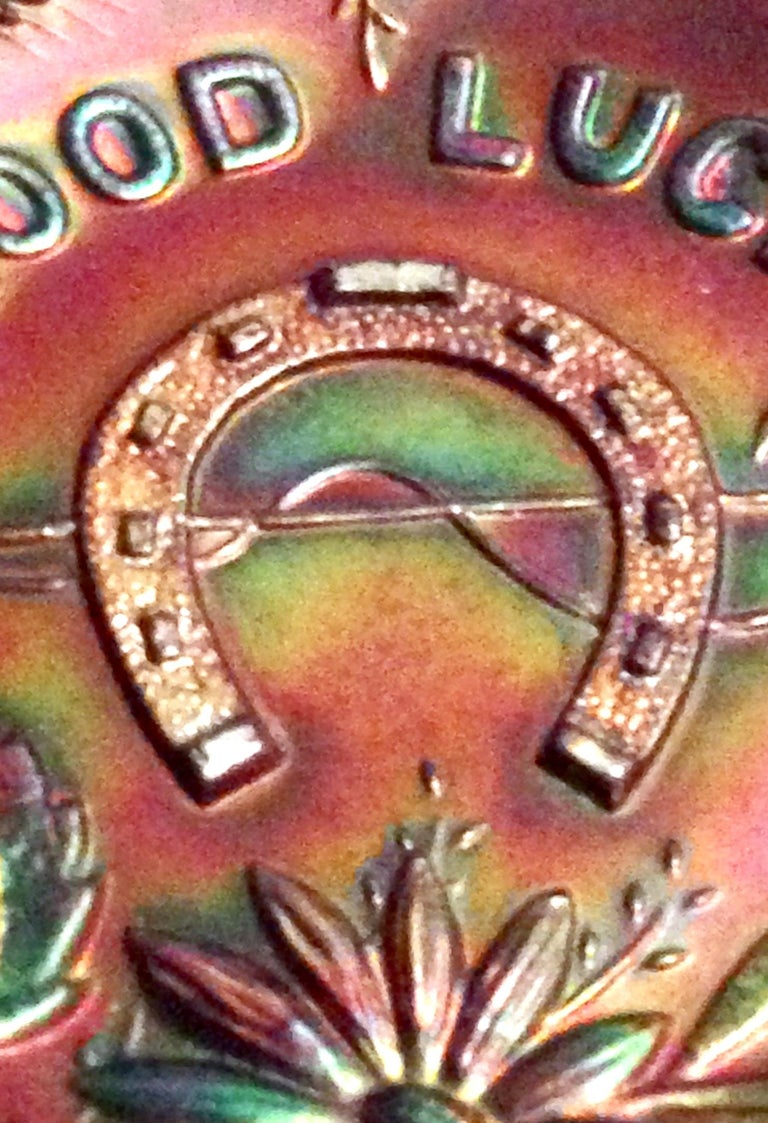 1930'S American Blown Art Glass "Good Luck" Ruffle Bowl By, Northwood ...