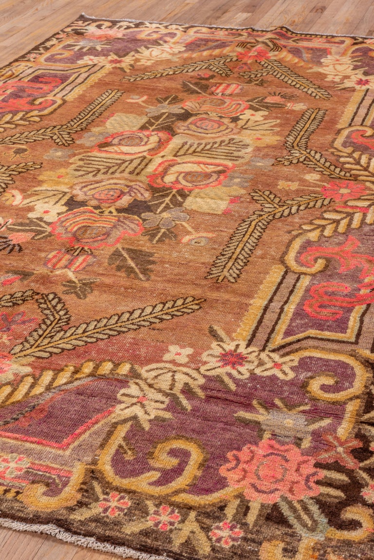 1930s Antique Art Deco Style Khotan Rug, Brown Field, Pink Purple ...