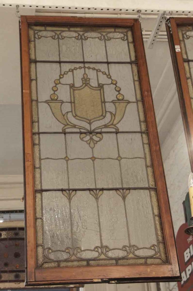 1930s Antique Pair of Jeweled Stained Glass Windows Amber with Shield ...