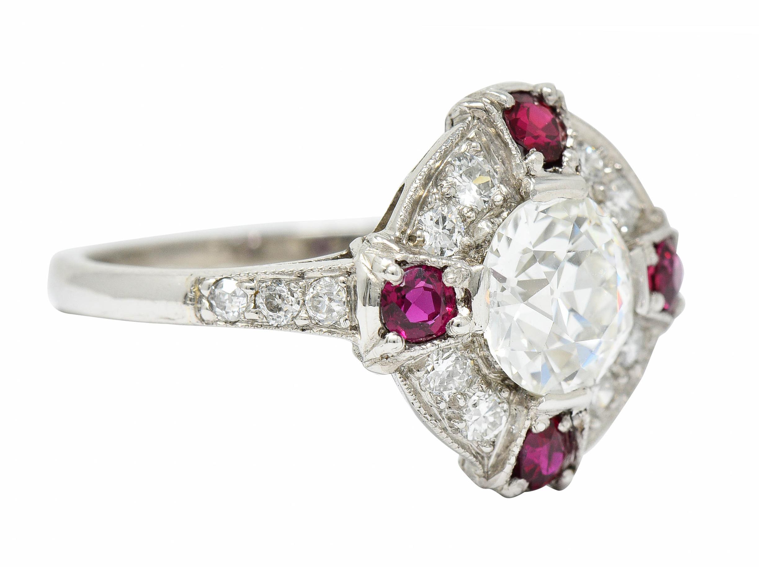 1930's Art Deco 2.32 Carats Diamond Ruby Platinum Halo Ring GIA at 1stDibs