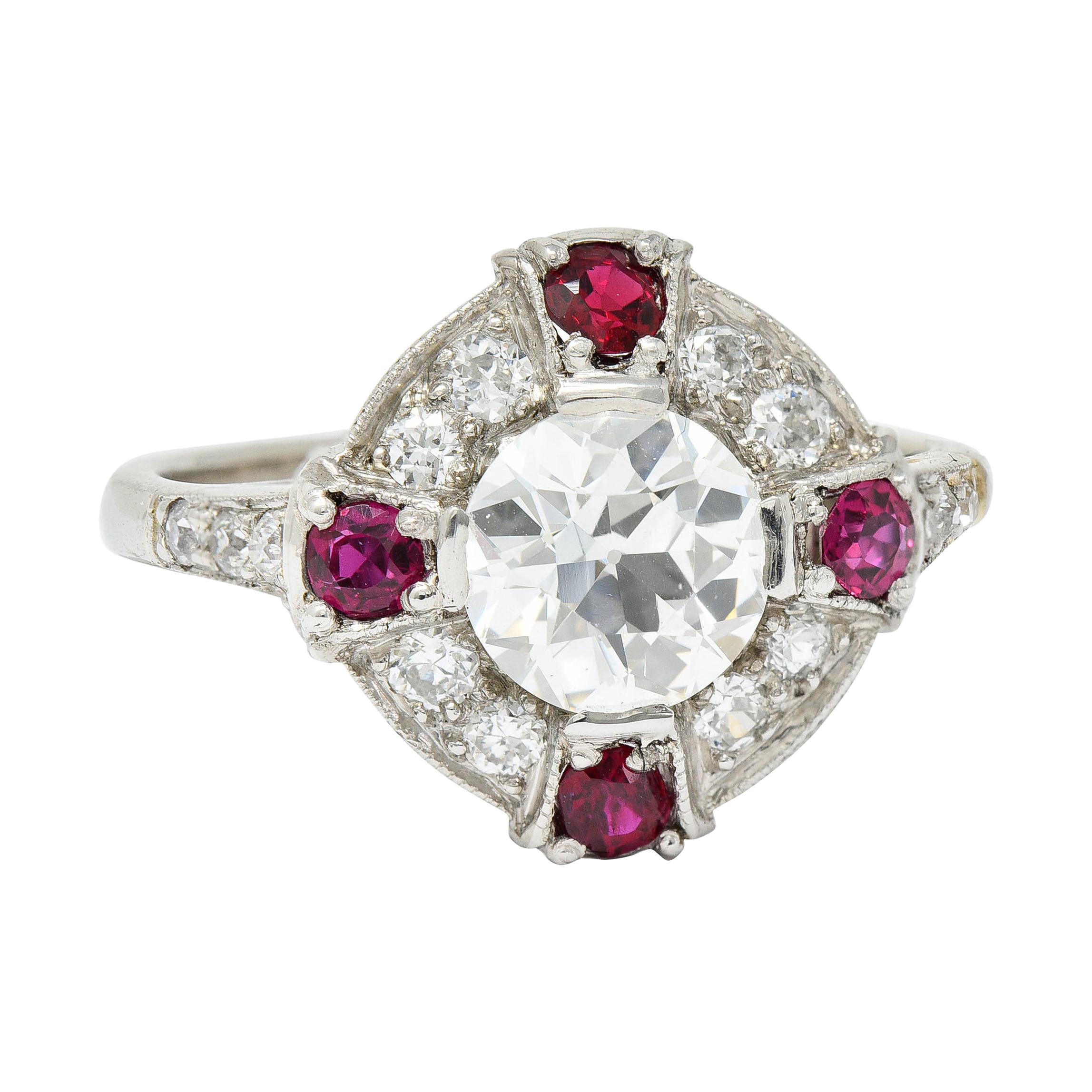 1930's Art Deco 2.32 Carats Diamond Ruby Platinum Halo Ring GIA at 1stDibs