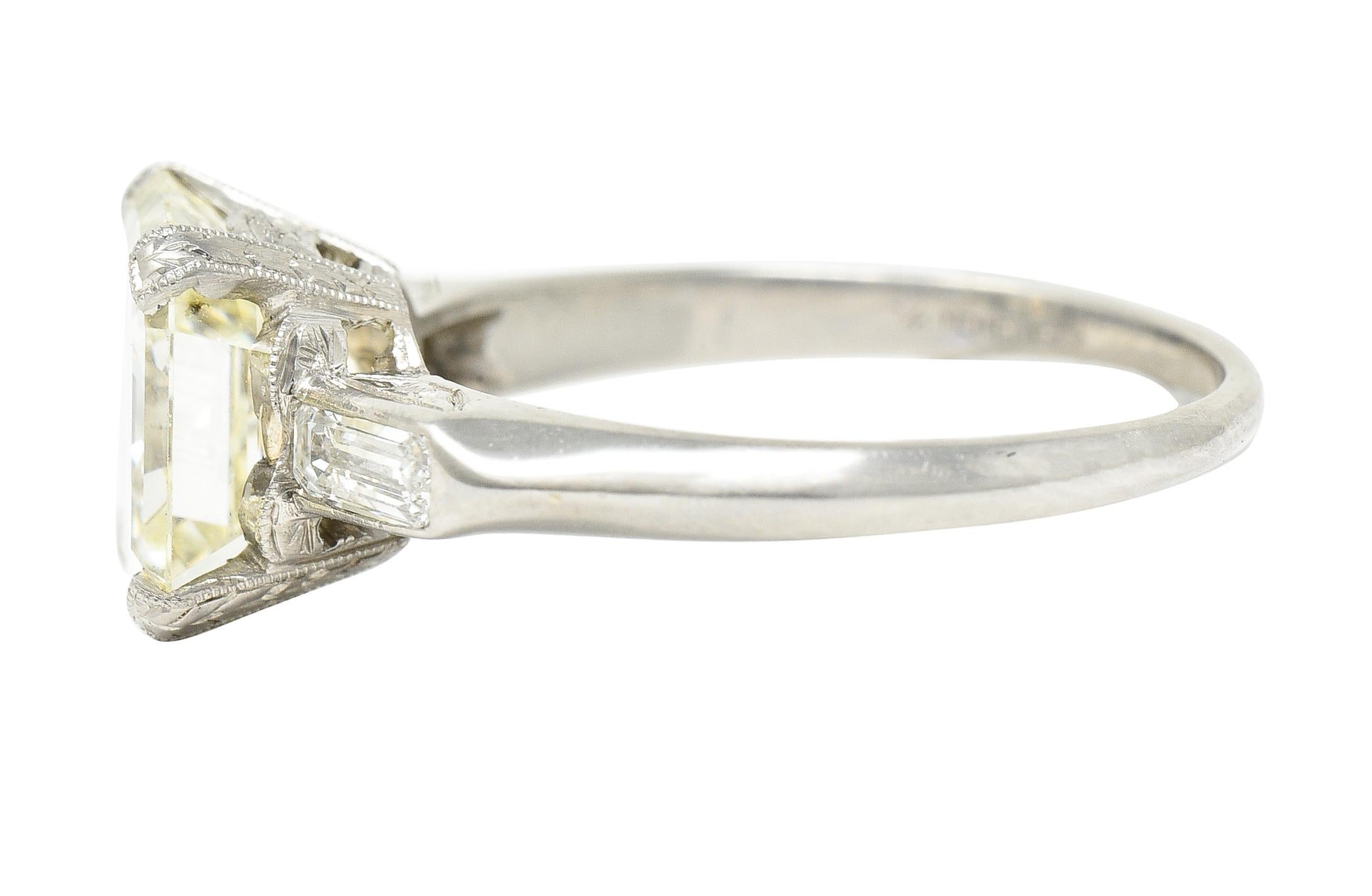 1930's Art Deco 3.32 Carats Emerald Step Cut Platinum Floral Engagement Ring GI at 1stDibs