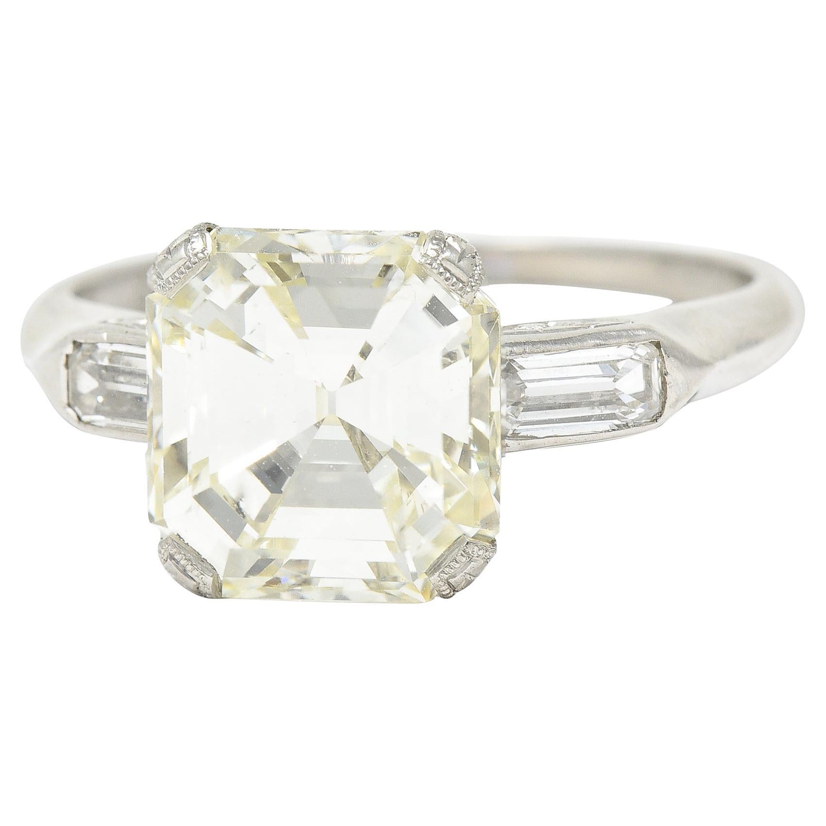 1930's Art Deco 3.32 Carats Emerald Step Cut Platinum Floral Engagement ...