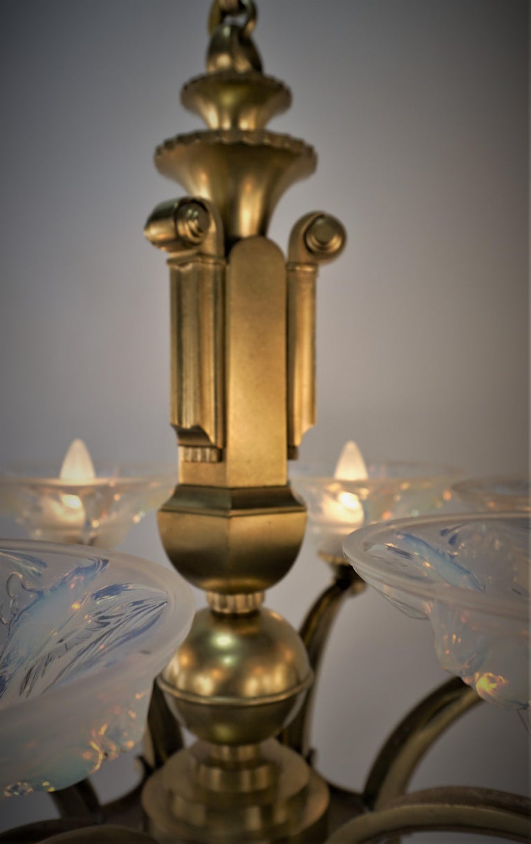 1930s Art Deco Bronze Chandelier with Design Glass by Boris Lacroix For ...