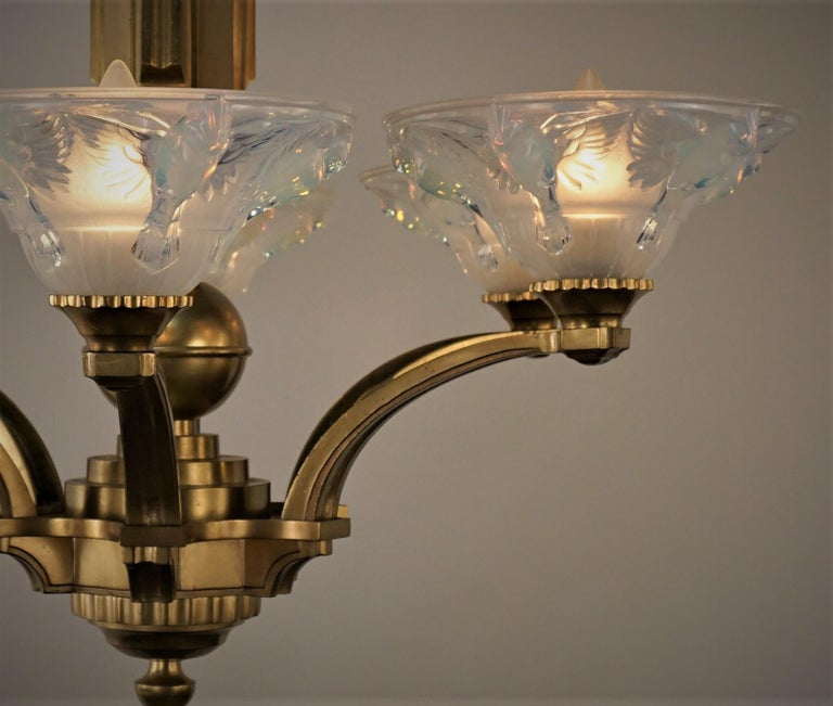 1930s Art Deco Bronze Chandelier with Design Glass by Boris Lacroix For ...