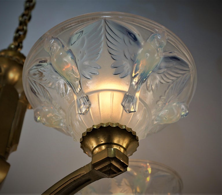 1930s Art Deco Bronze Chandelier with Design Glass by Boris Lacroix For ...