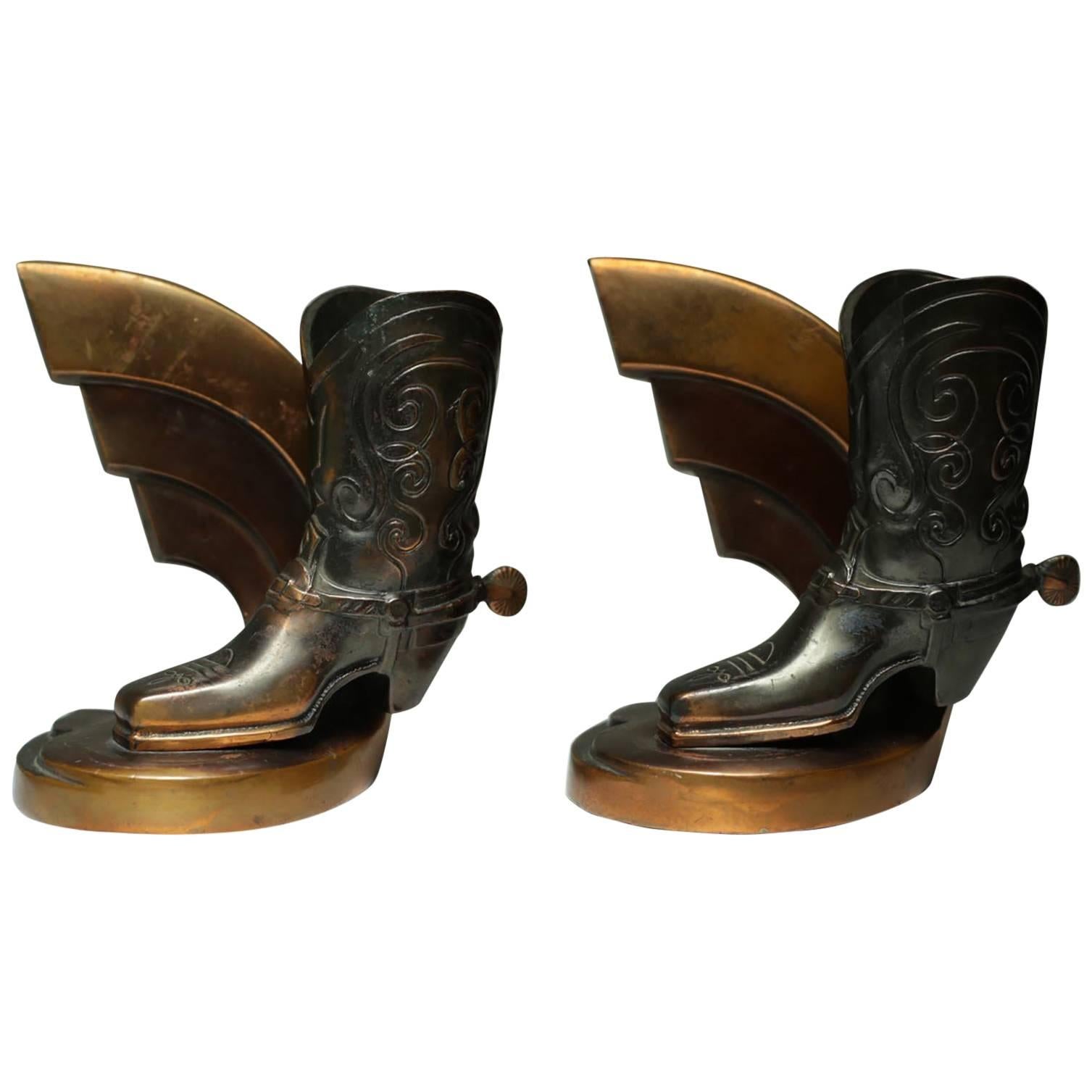 1930s Art Deco Cooper Plated Cowboy Boot Bookends by Trophy Craft at ...