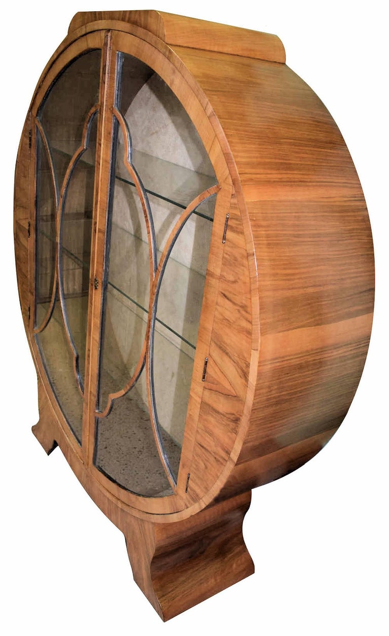 1930s Art Deco English Walnut Round Display Cabinet For Sale at 1stDibs