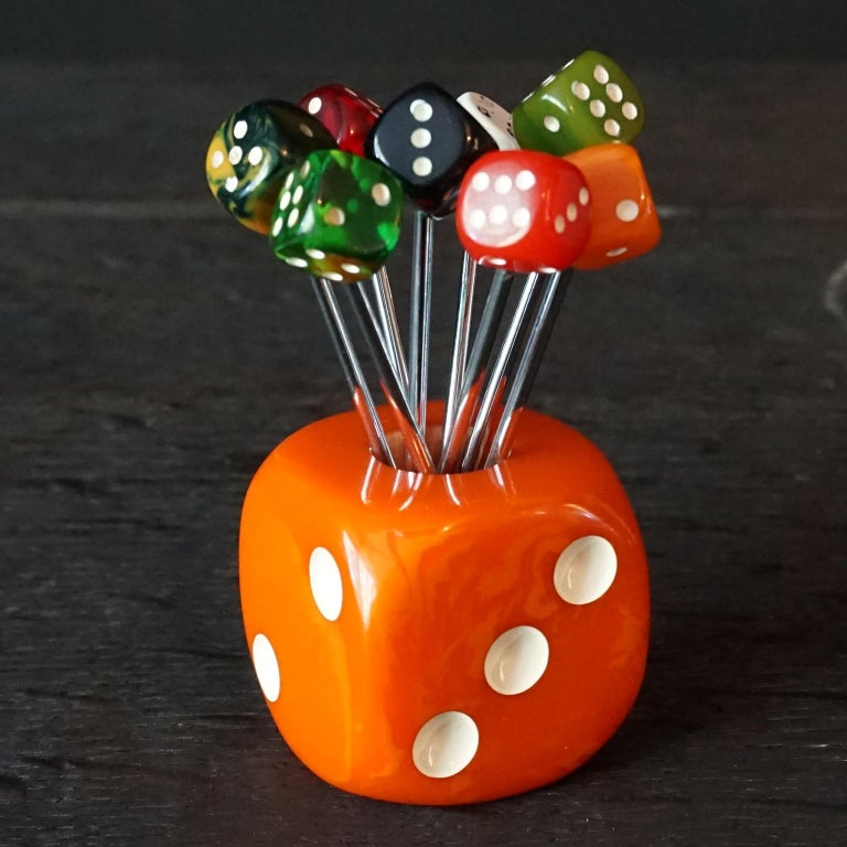 1930s Art Deco French Orange Bakelite Dice Holder with 8 Dice Cocktail ...