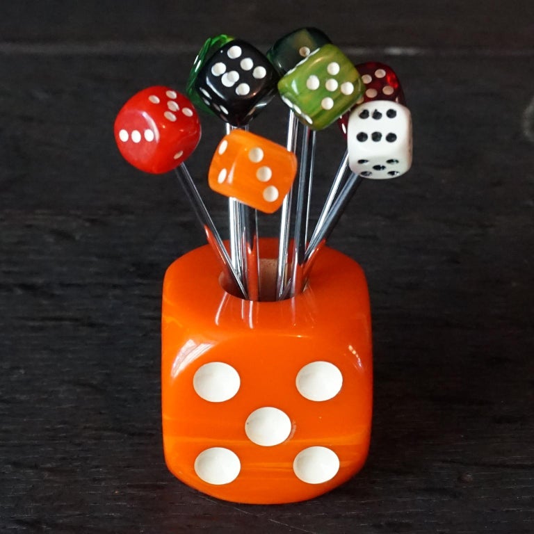 1930s Art Deco French Orange Bakelite Dice Holder with 8 Dice Cocktail ...