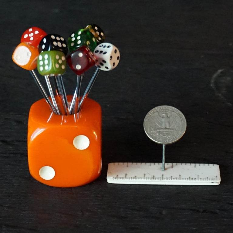 1930s Art Deco French Orange Bakelite Dice Holder with 8 Dice Cocktail ...
