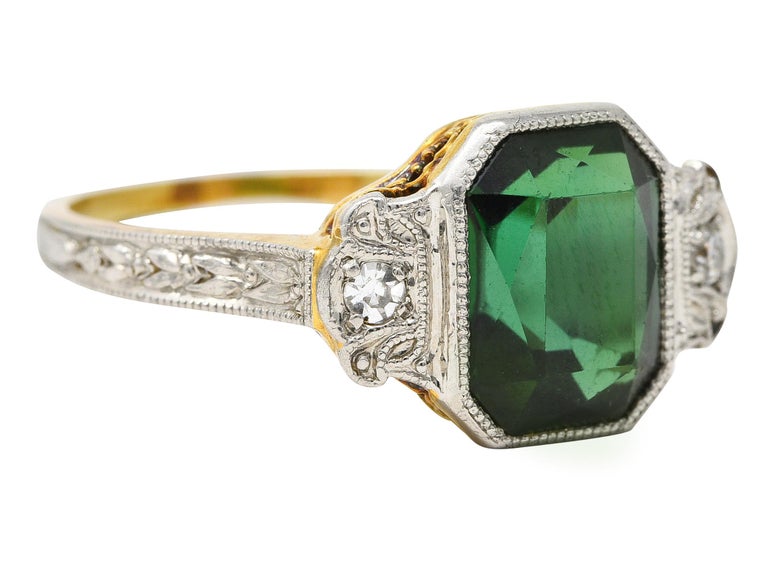 1930's Art Deco Green Tourmaline Diamond Platinum-Topped 14 Karat Ring ...