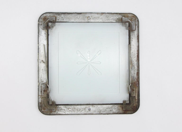 1930s Art Deco Nickel Square Light Cover w Etched Glass For Sale at 1stDibs