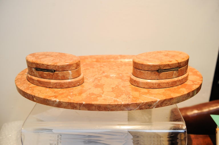 1930s Art Deco Rouge Marble Desk Set with 2 Inkwells Glass Linings and ...