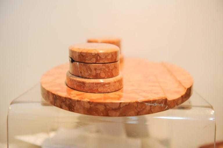 1930s Art Deco Rouge Marble Desk Set with 2 Inkwells Glass Linings and ...